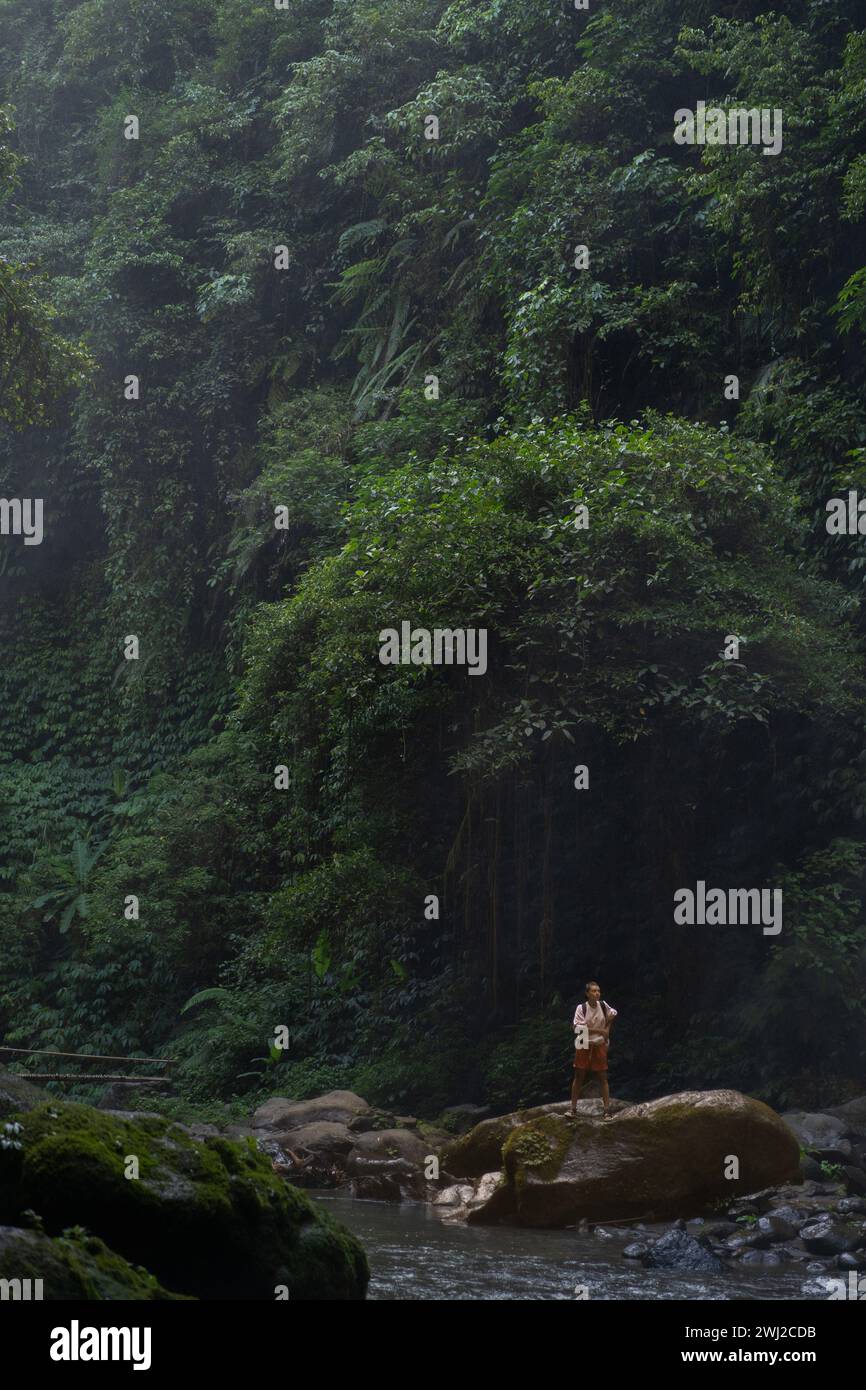 Woman traveler, explorer stands on rock in jungle, looks at waterfall ...