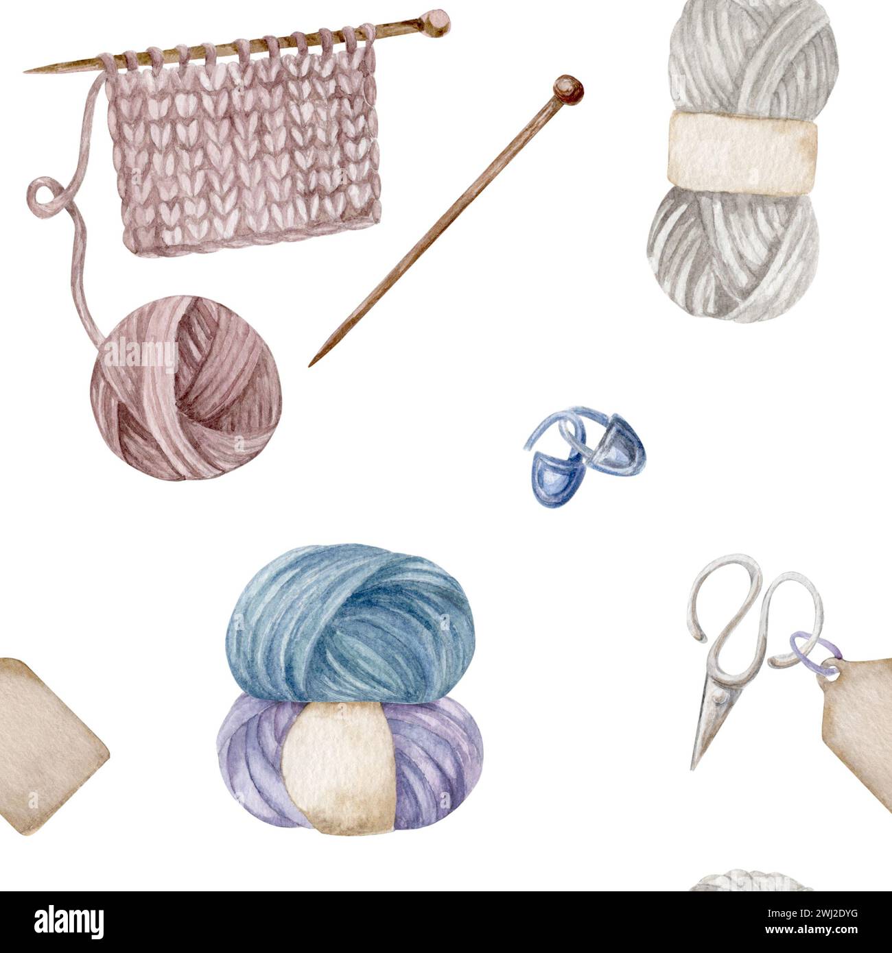 watercolor pattern, hand draw, knitting ball of yarn, stitch markers ...