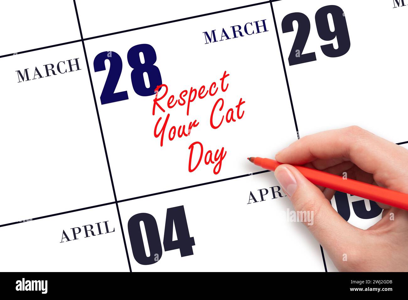 March 28. Hand writing text Respect Your Cat Day on calendar date. Save ...