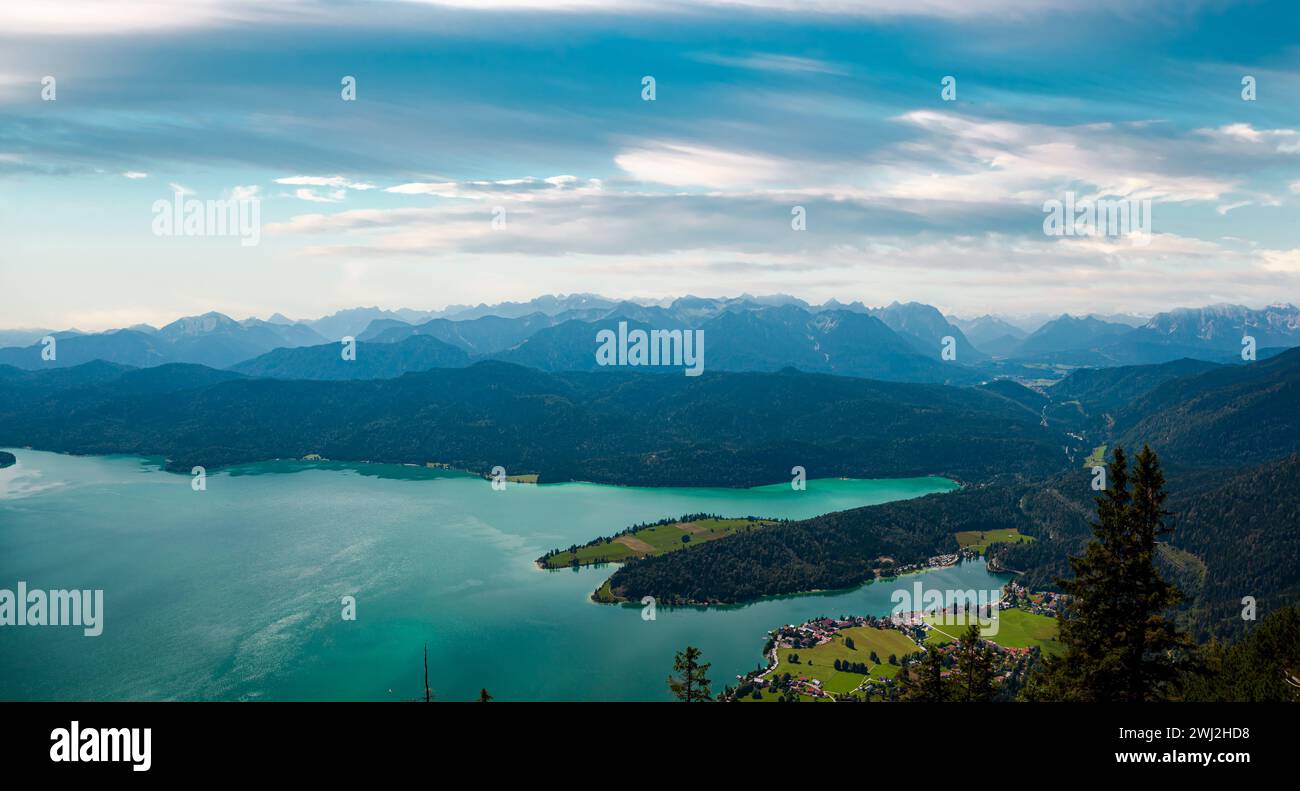 Lake and mountains. Panoramic Aerial view of Bavarian village ...