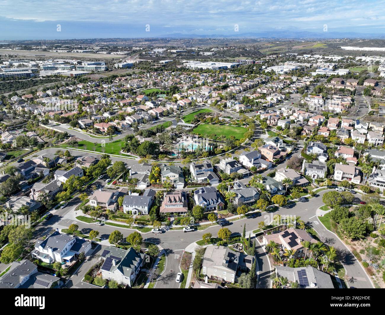 Aerial view of large-scale villa in wealthy residential town of ...