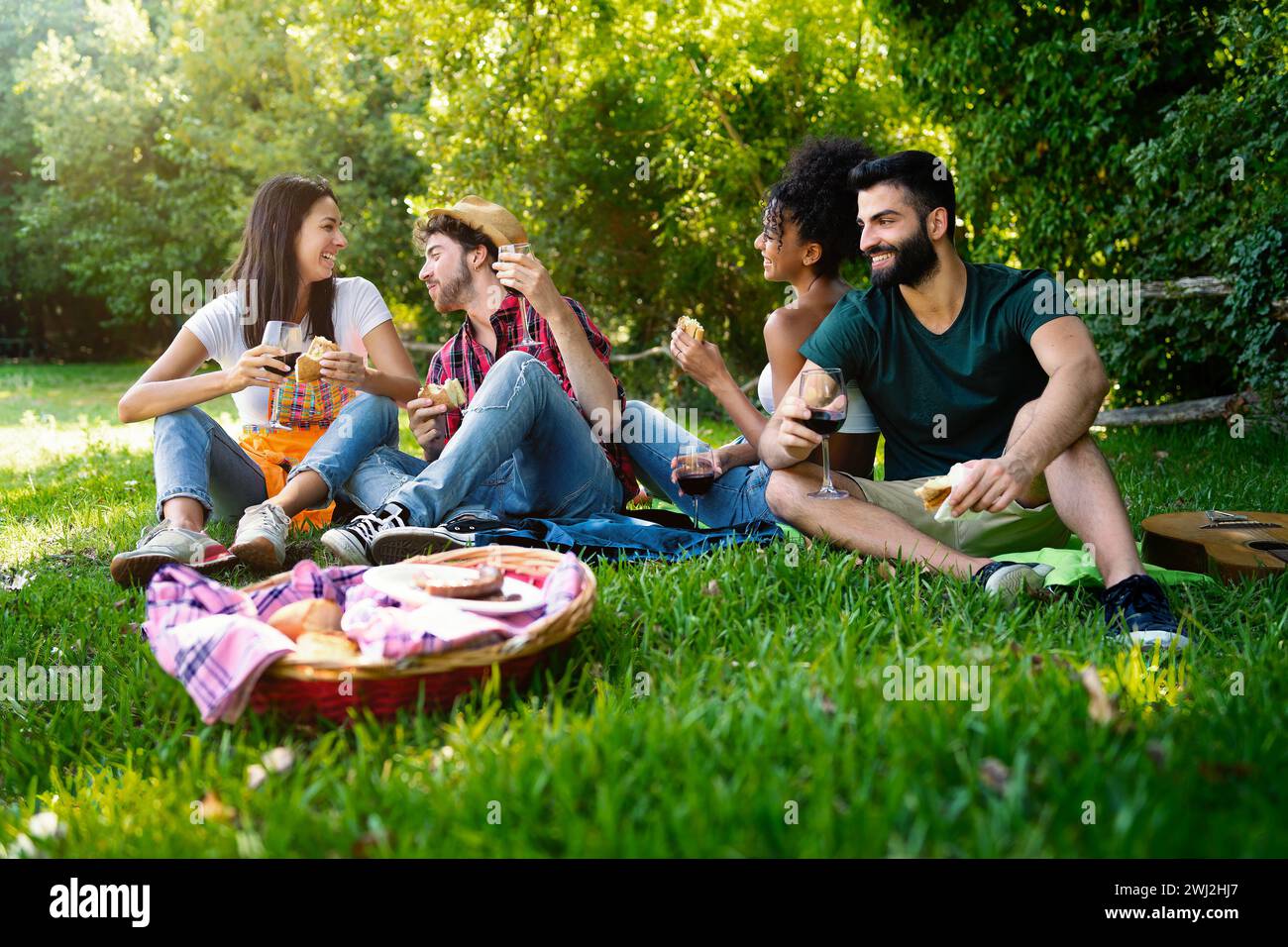 Friends laugh and dine on a lush green lawn, savoring wine and ...