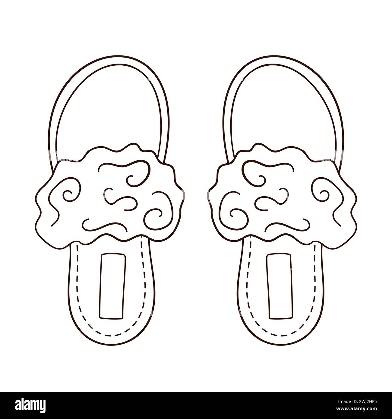 House slippers in line art style. Woman, female footwear. Outline icon ...
