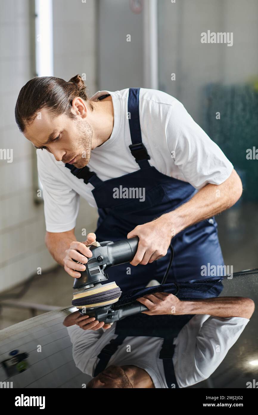 good looking dedicated worker with collected hair in uniform using ...