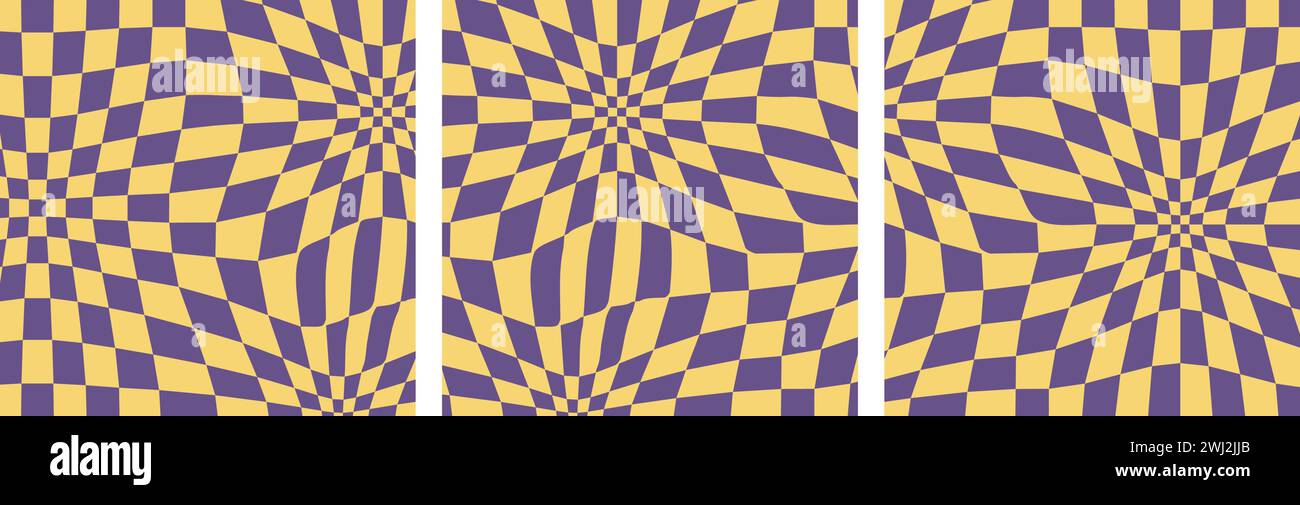 Set of Square 70s Vibes Groovy Checkerboard Patterns. Abstract Grid Backgrounds in a Psychedelic ...