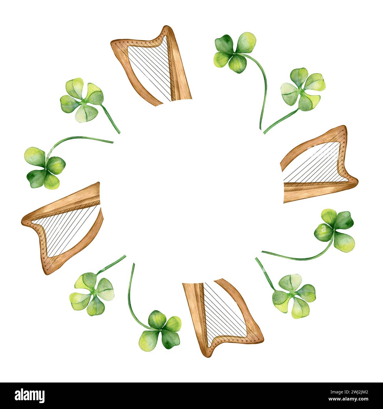 Circle frame with shamrock and harp watercolor illustration isolated on white background ...