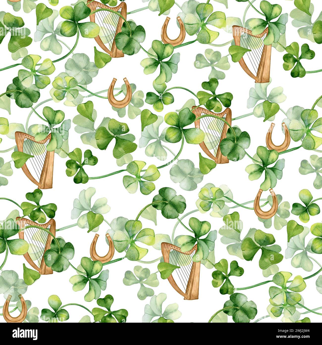 Clover and harp watercolor seamless pattern isolated on white ...
