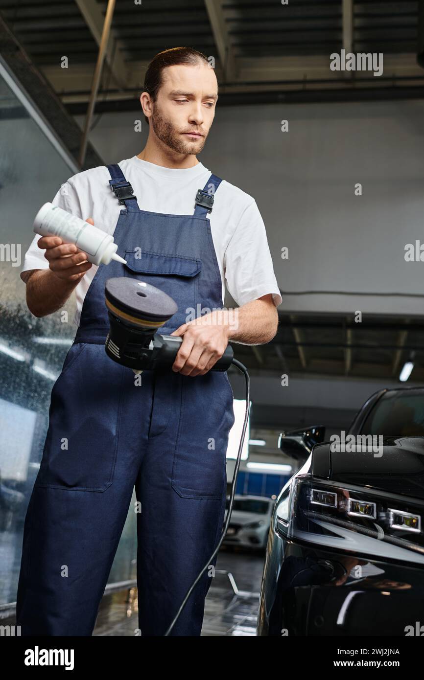 handsome hard working serviceman in uniform applying paste on polishing ...