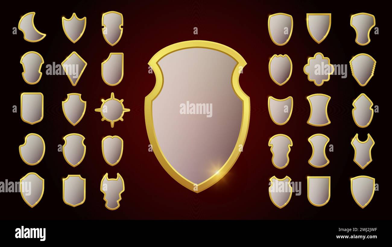 Set of glass glossy realistic golden heraldic shields. Vector ...