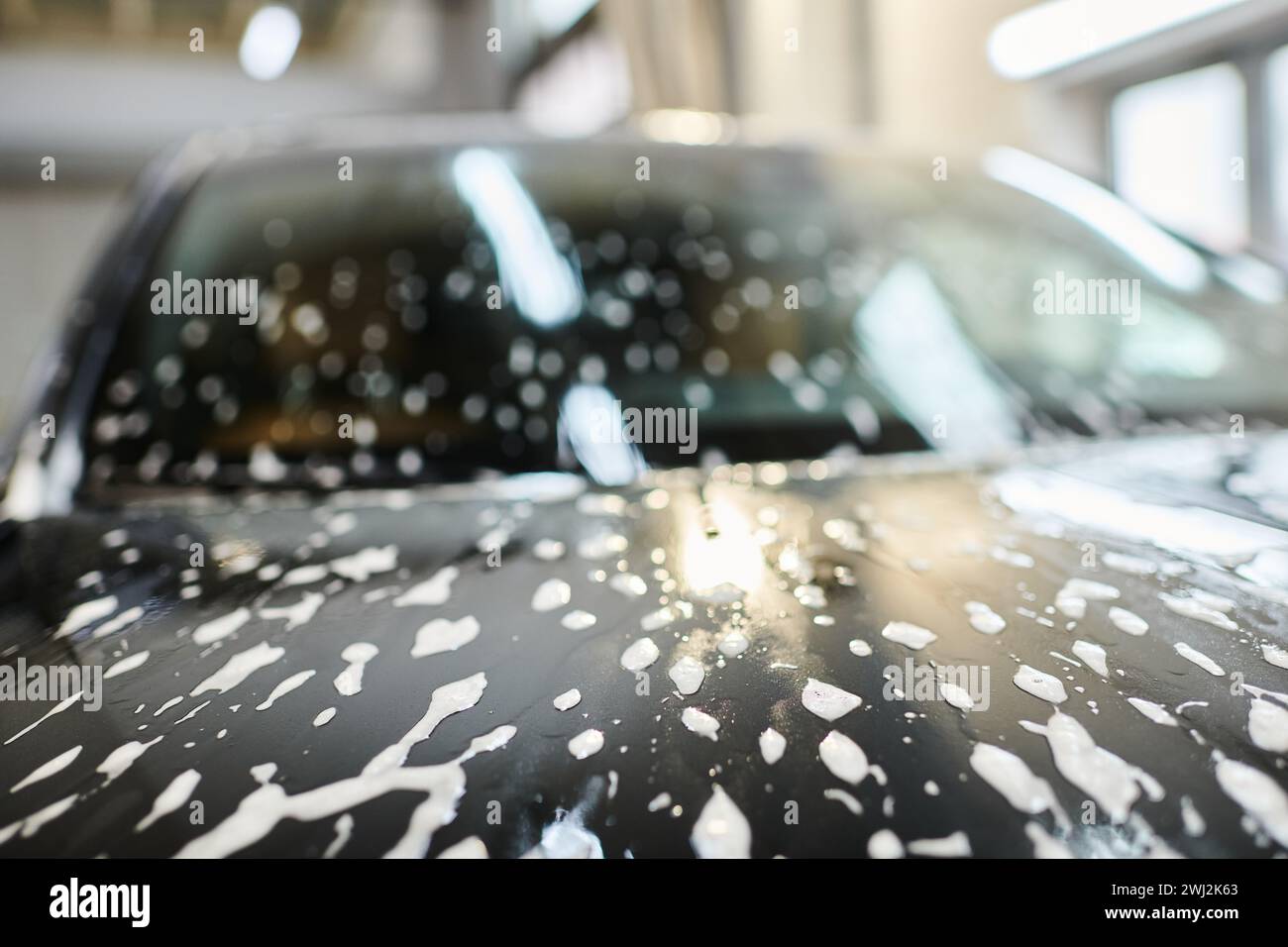 object photo of soapy hood of black modern automobile during car ...