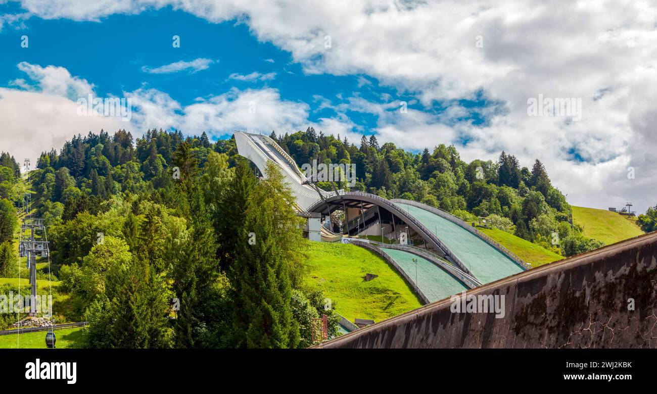 Munich, Germany - August 2021: Side view of Olympia ski jump and Cable ...