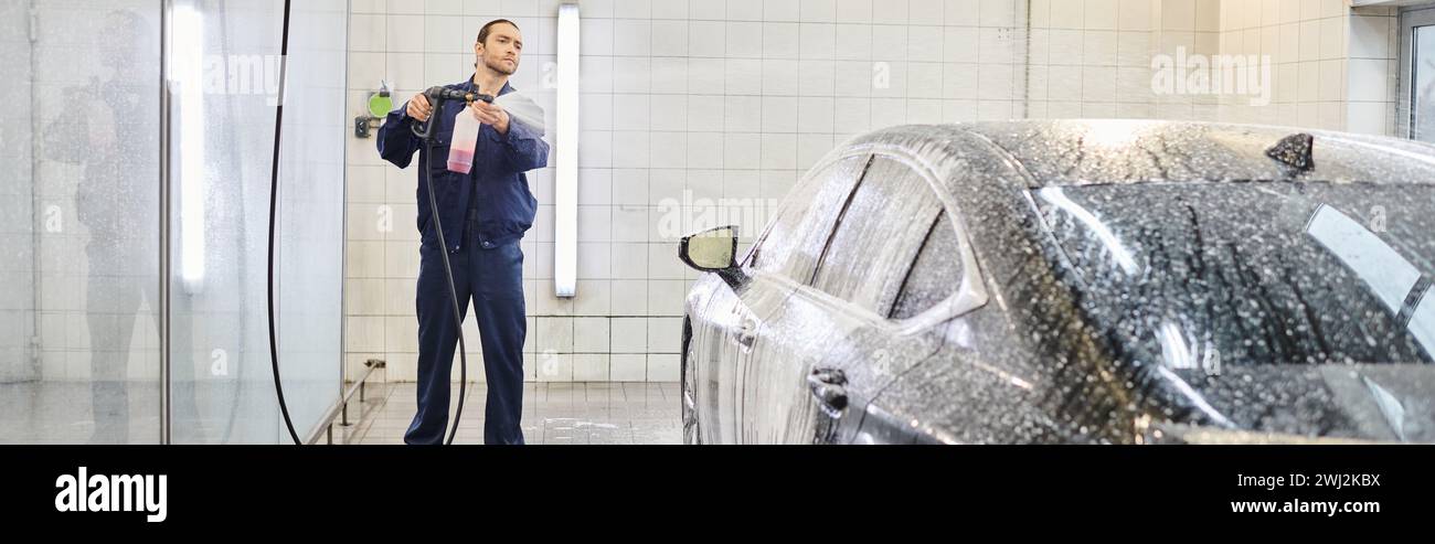 good looking professional serviceman in uniform using soap to wash ...