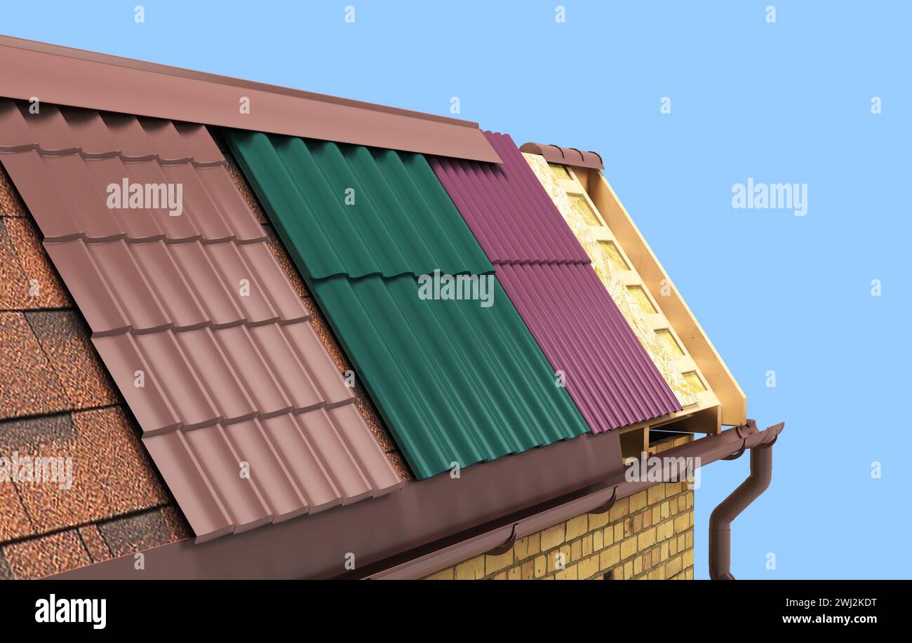 the roof of the house concept different types of roofing on a wooden ...