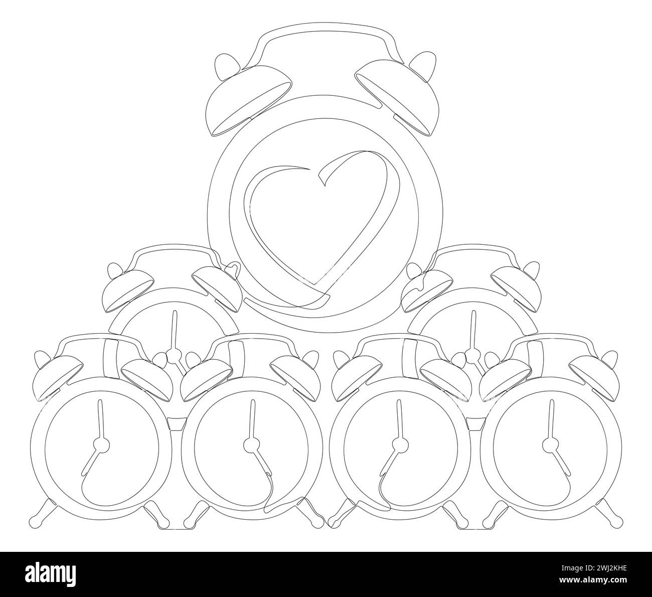 One continuous line of alarm clock with Heart. Thin Line Illustration ...