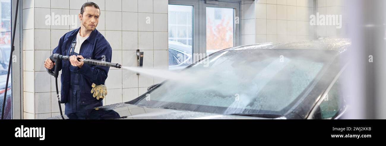 good looking devoted serviceman with collected hair in blue uniform ...