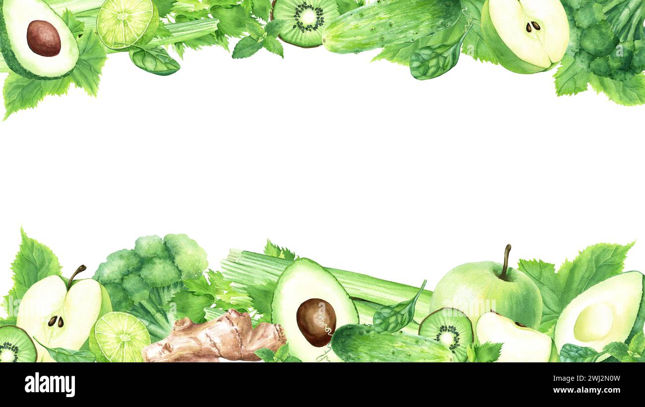 Horizontal banner, border, frame with green fruits and vegetables ...