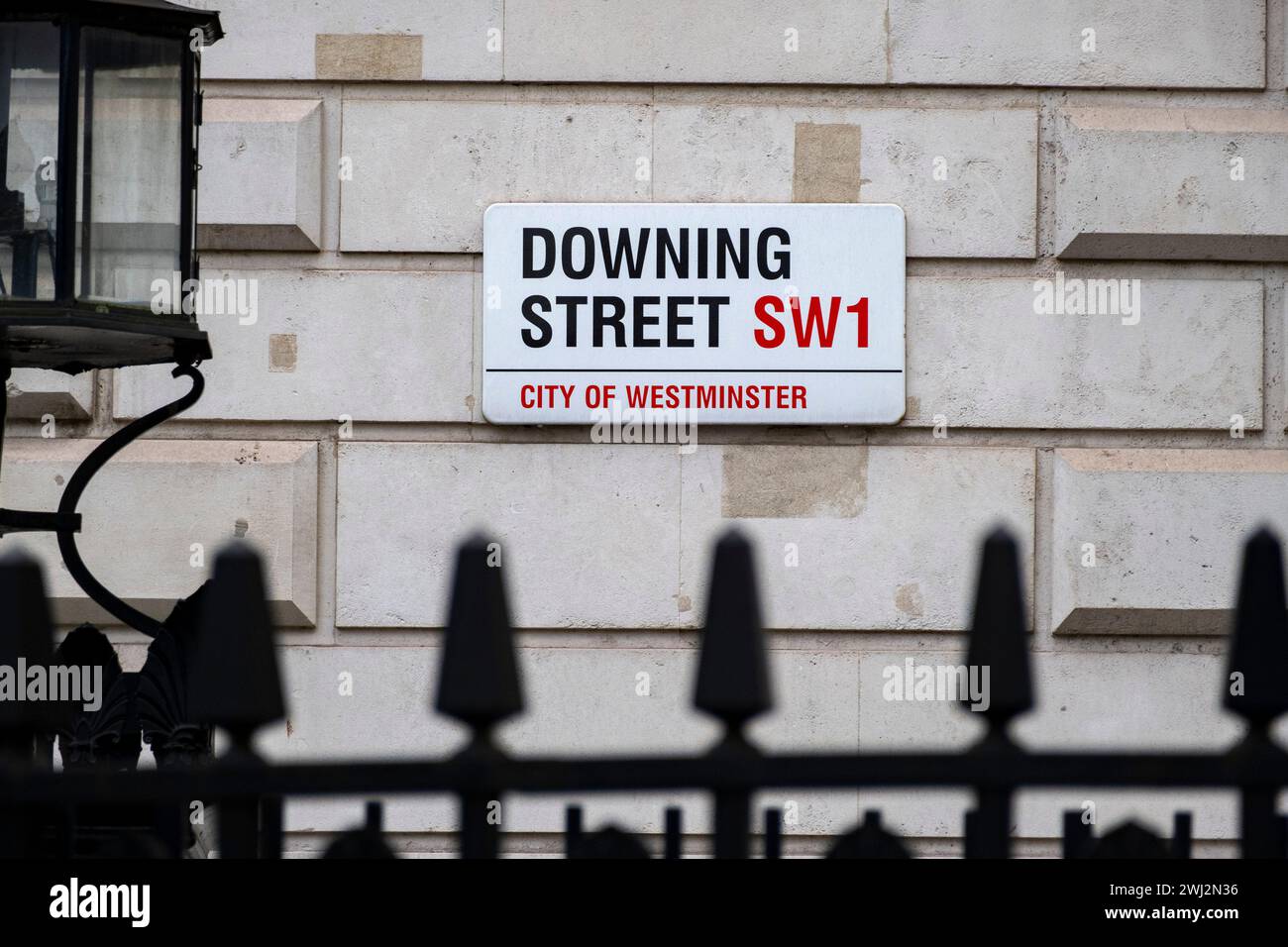 Downing Street sign above heavy security gates on 5th February 2024 in ...