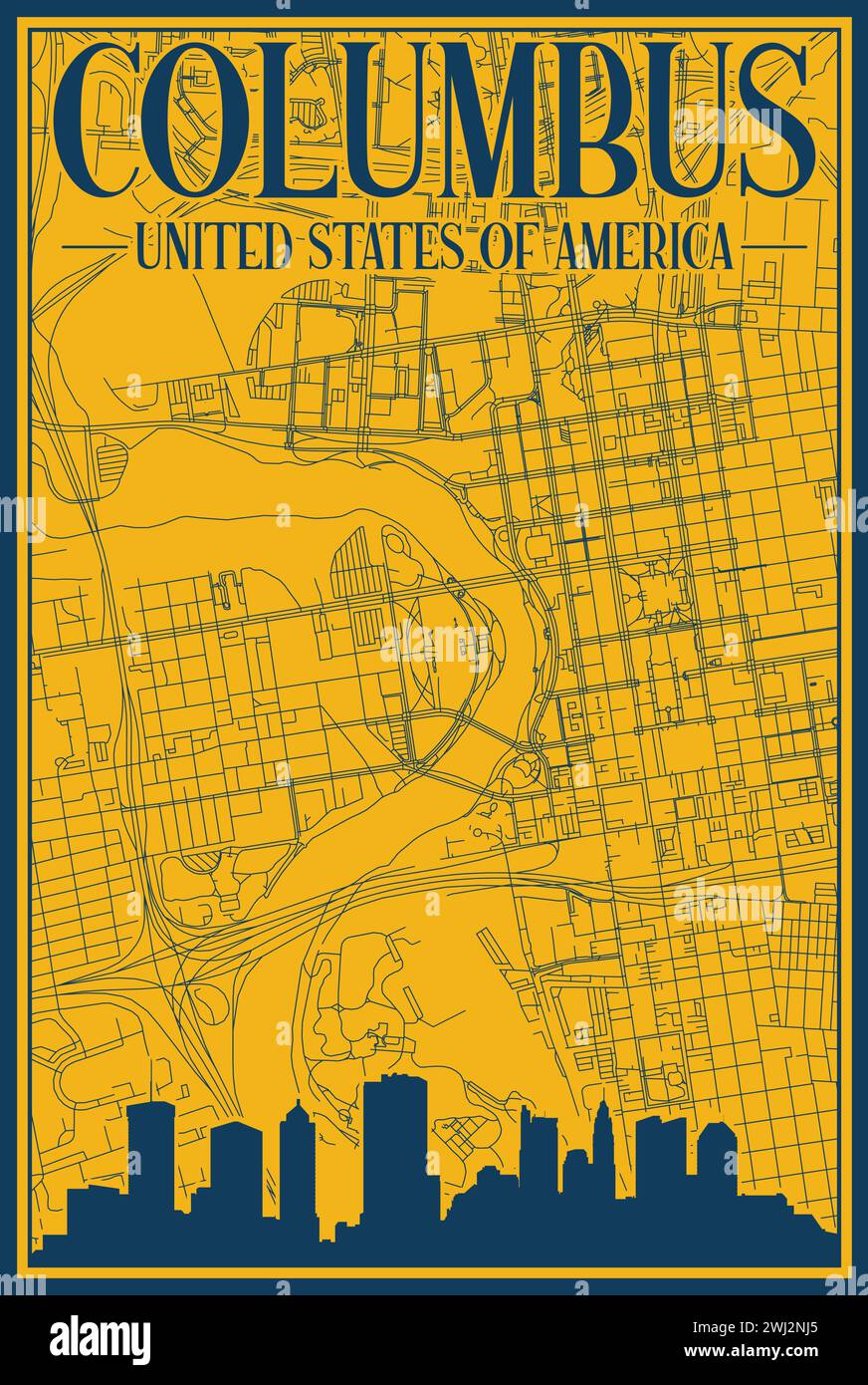 Road network and skyline poster of the downtown COLUMBUS, UNITED STATES ...