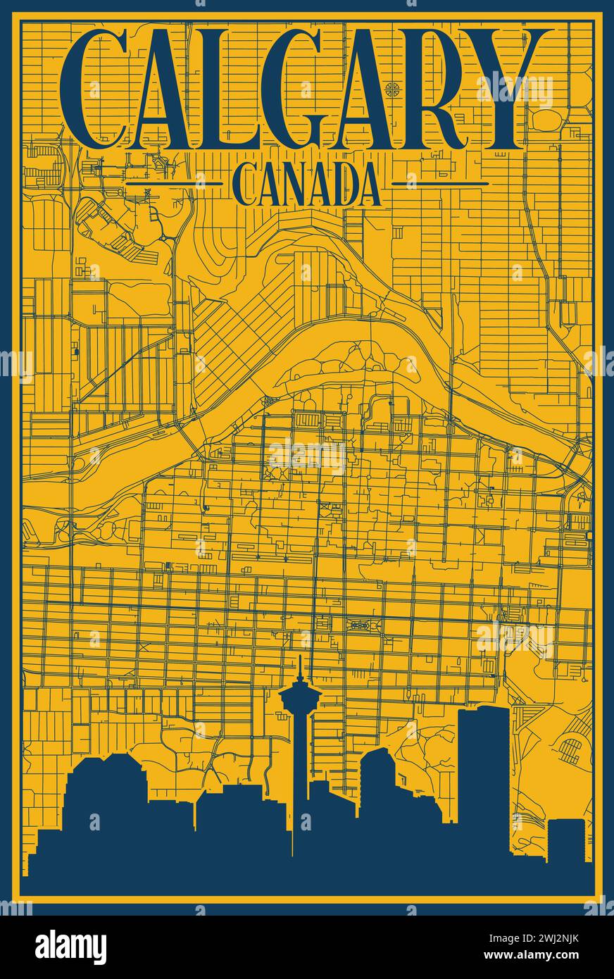 Road network and skyline poster of the downtown CALGARY, CANADA Stock ...