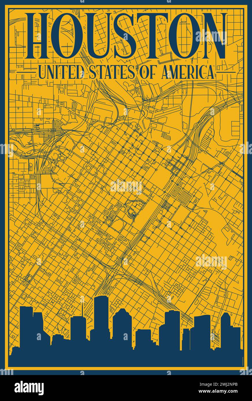 Road network and skyline poster of the downtown HOUSTON, UNITED STATES ...