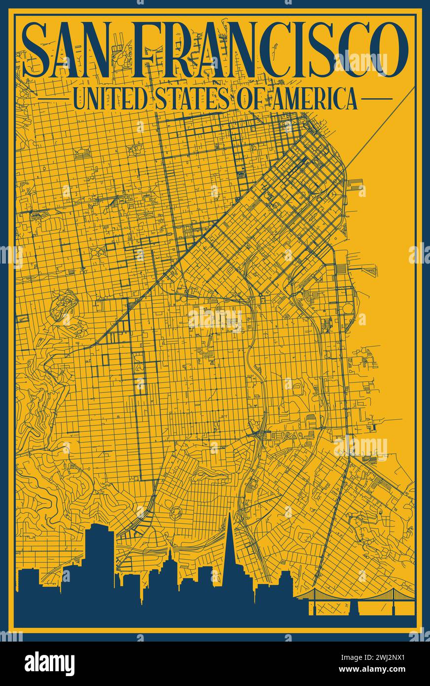 Road network and skyline poster of the downtown SAN FRANCISCO, UNITED ...