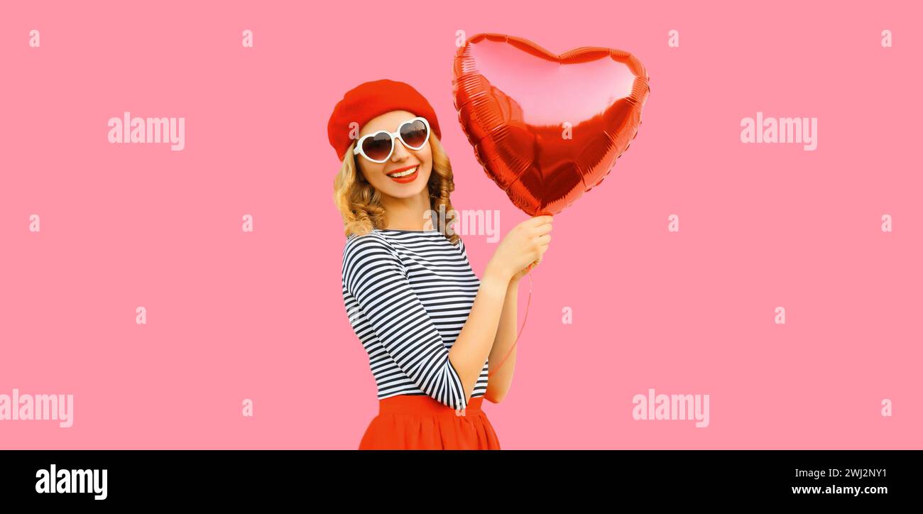 Cute portrait of happy cheerful smiling young woman with red heart ...