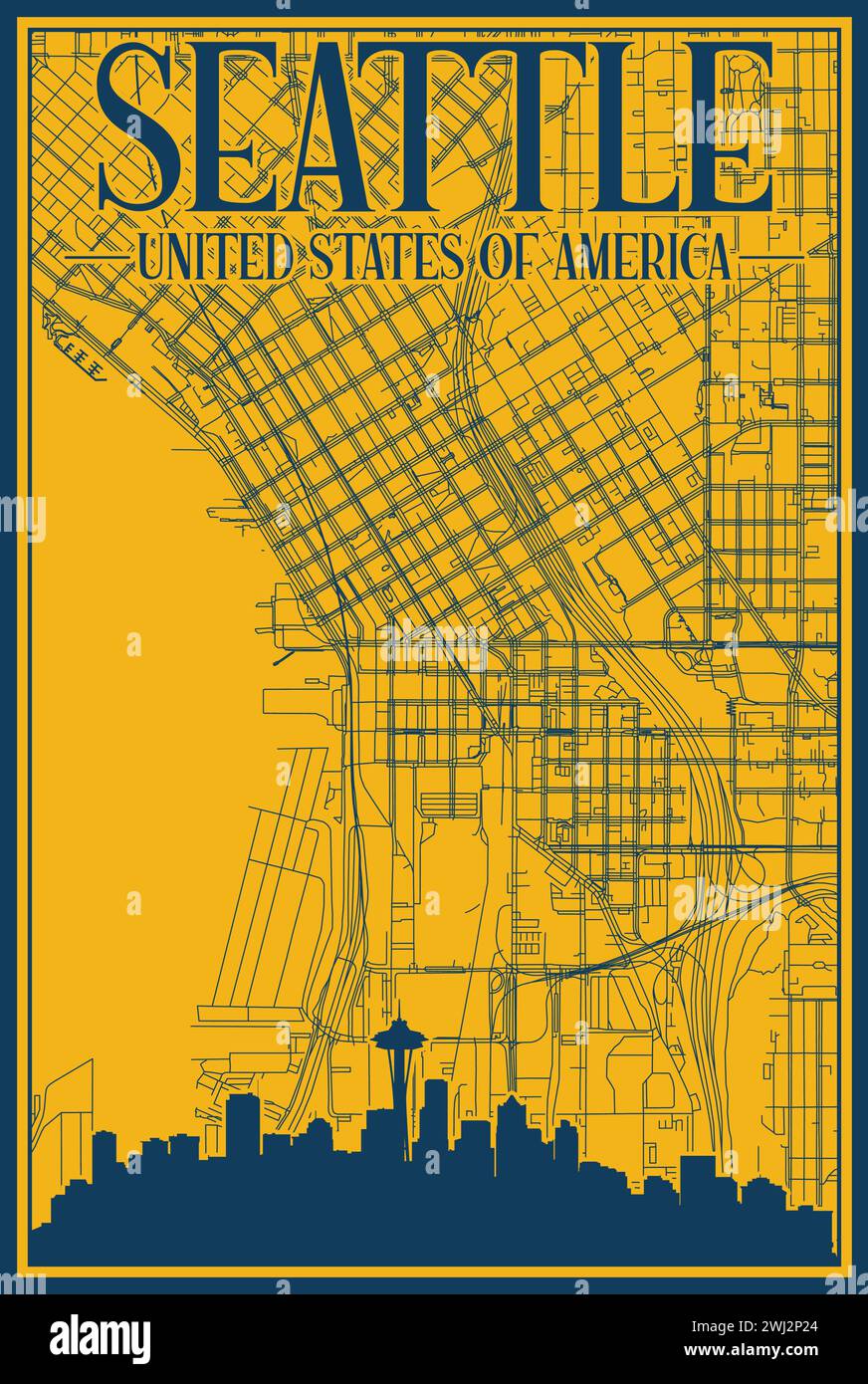Road network and skyline poster of the downtown SEATTLE, UNITED STATES ...