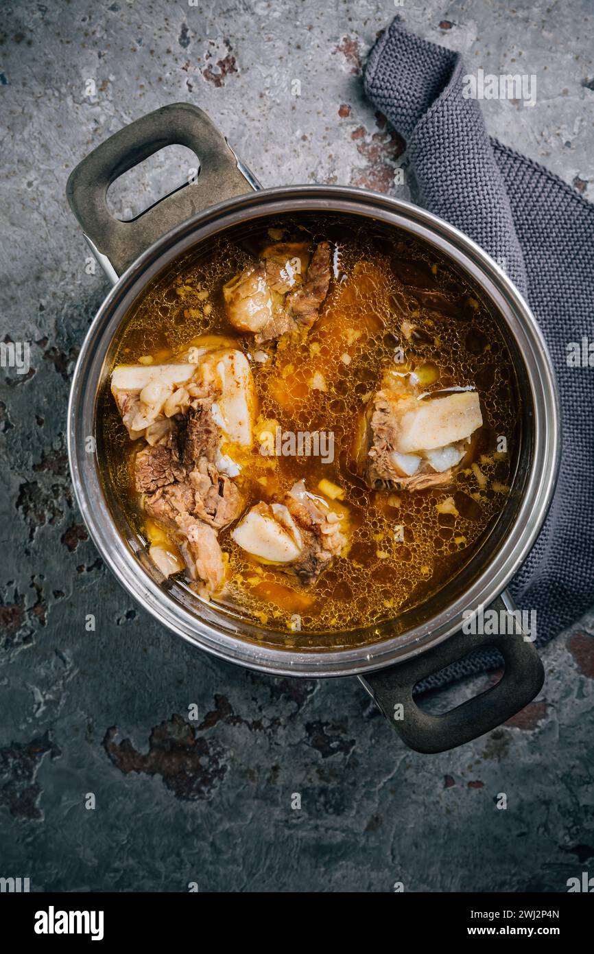 Homemade beef bone broth, rich on collagen, amino acids and proteins ...