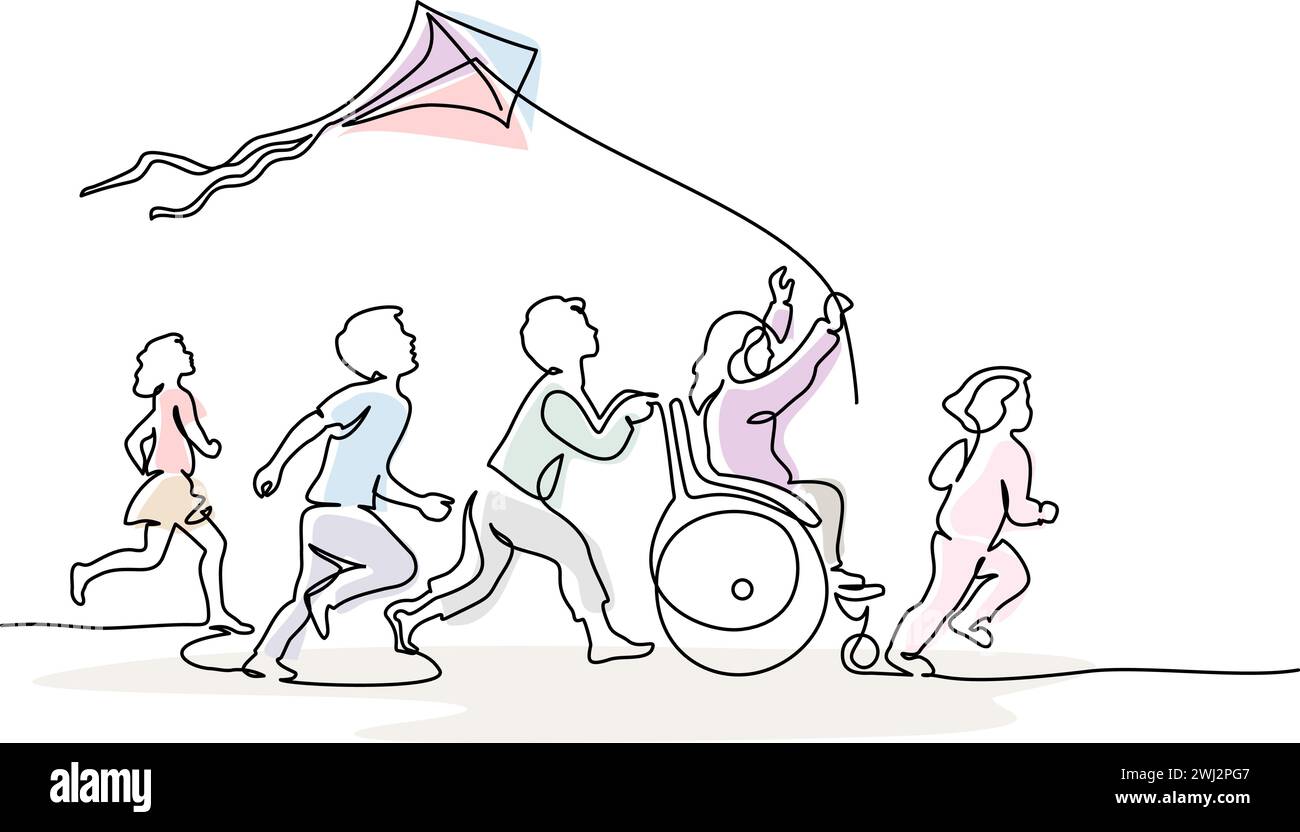 Happy disabled girl and healthy children run together outdoor Stock ...