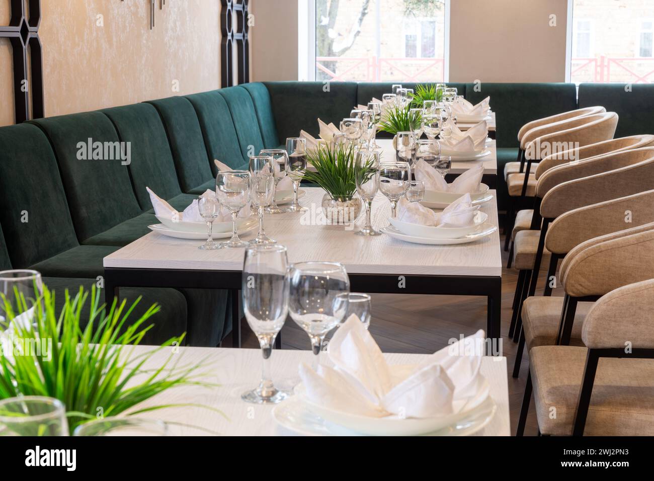 Modern interior of urban restaurant or cafe with dining places. Soft ...