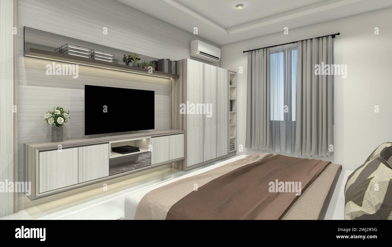 Modern Bedroom Design with Wooden TV Cabinet and Clothes Wardrobe Stock ...