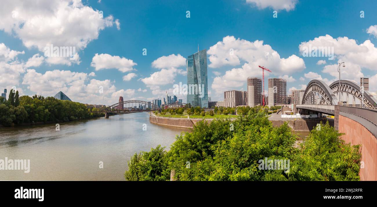 River Main and ECB with european city skyline and Bridge HonsellbrÃ¼cke ...