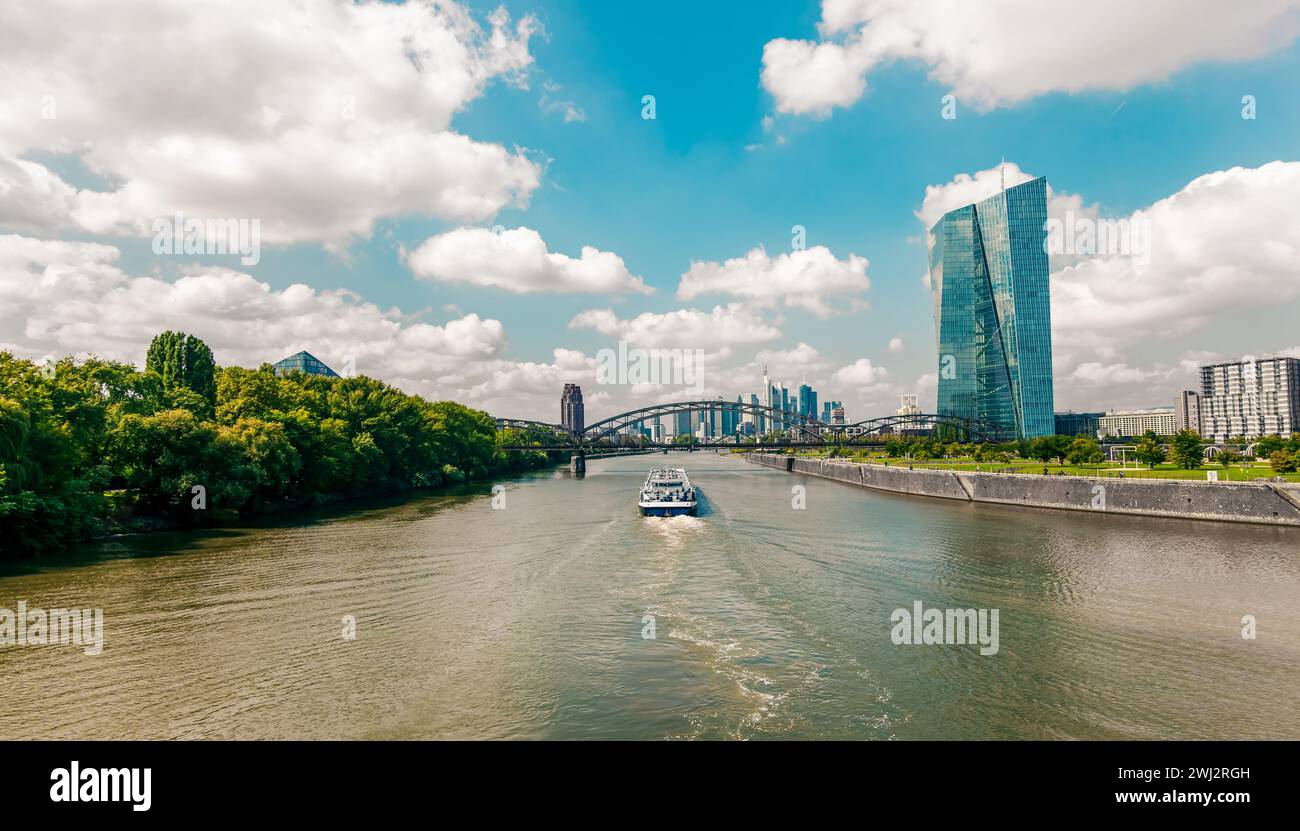 View over Frankfurt skyline and ECB with a Container Ship swimming on ...