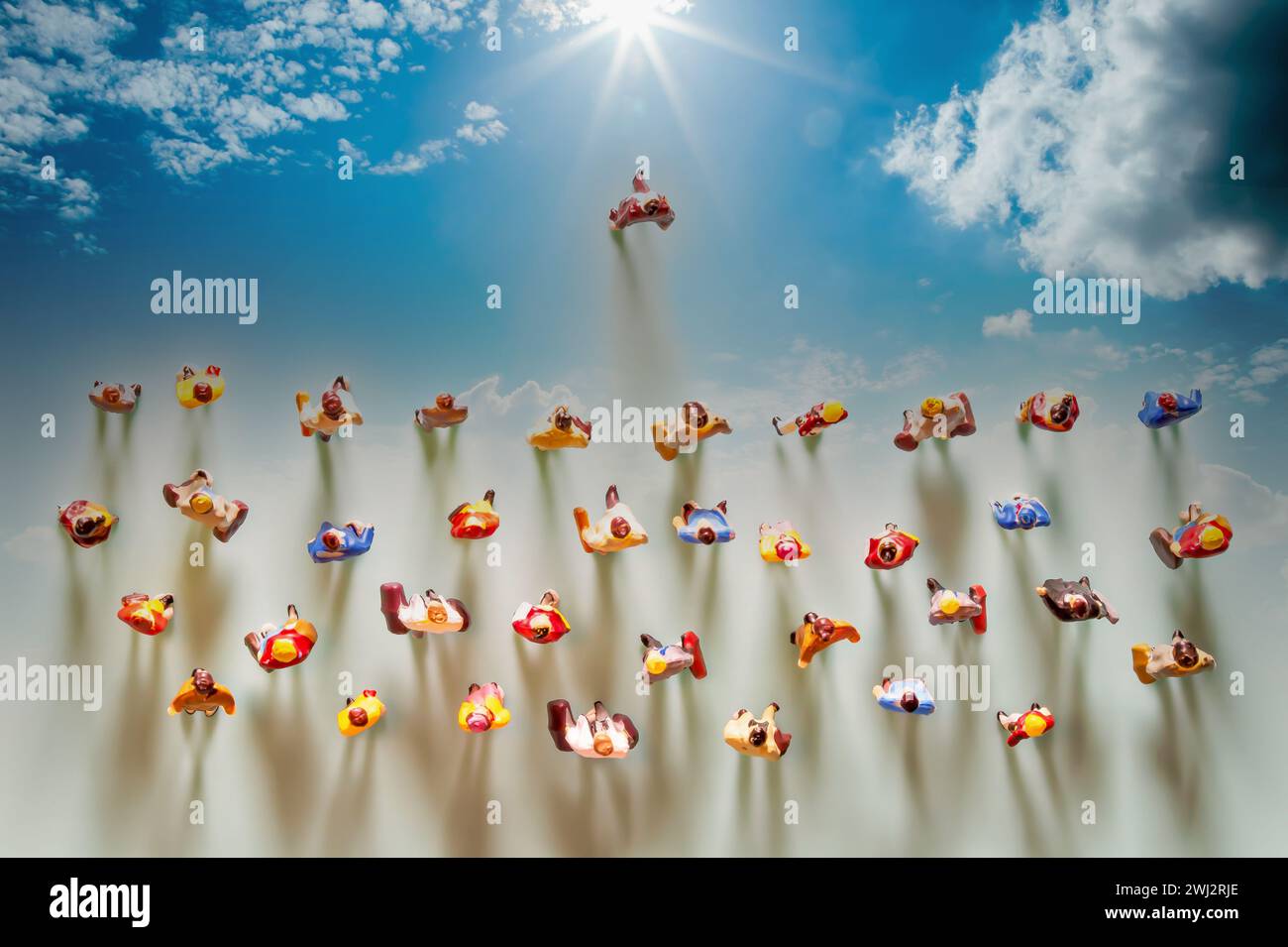 People in the sky. One leader. Crowd of people follows. Followers ...