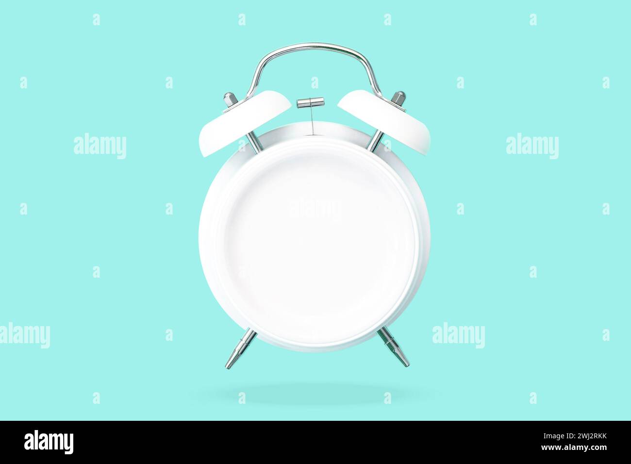 Top view Creative layout of bell Alarm clock with blank plate hovering ...