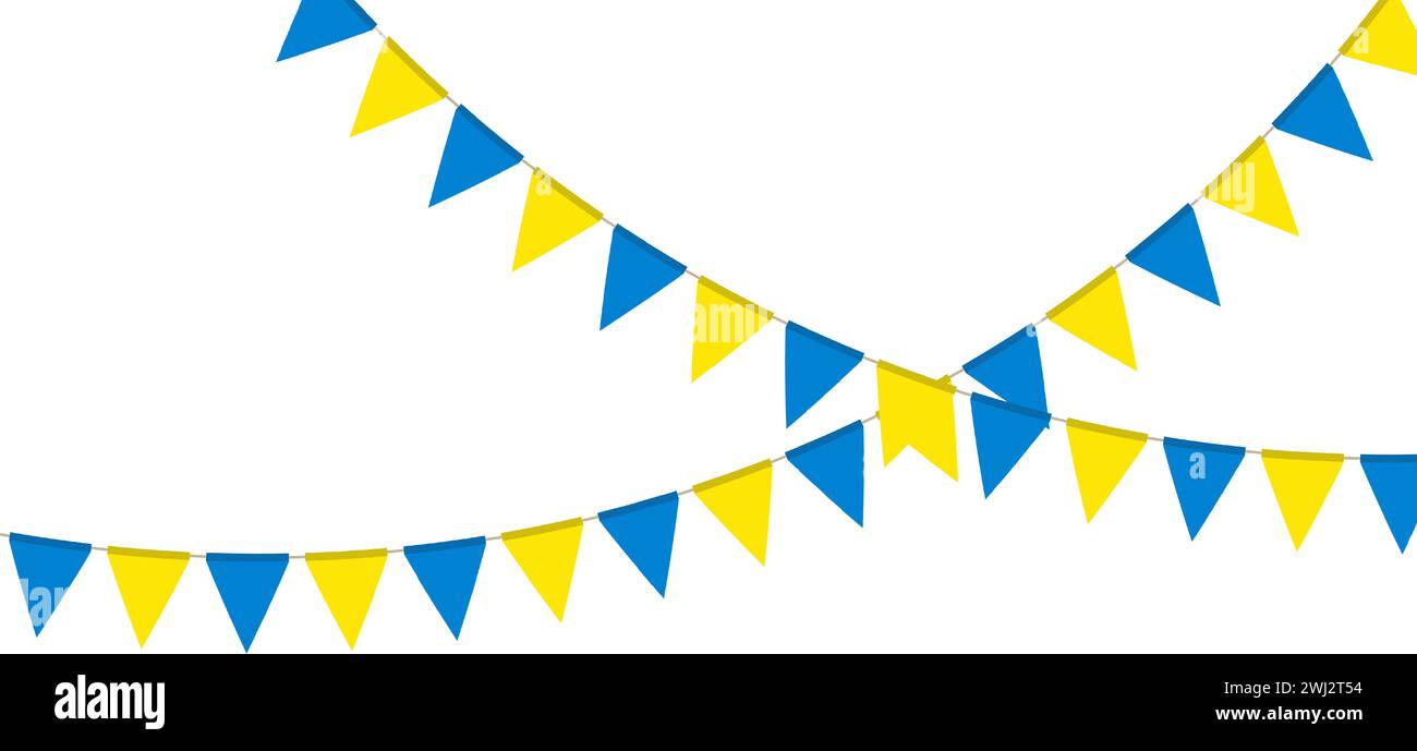 Blue and yellow flag garland. Triangle pennants chain. Party pennants ...