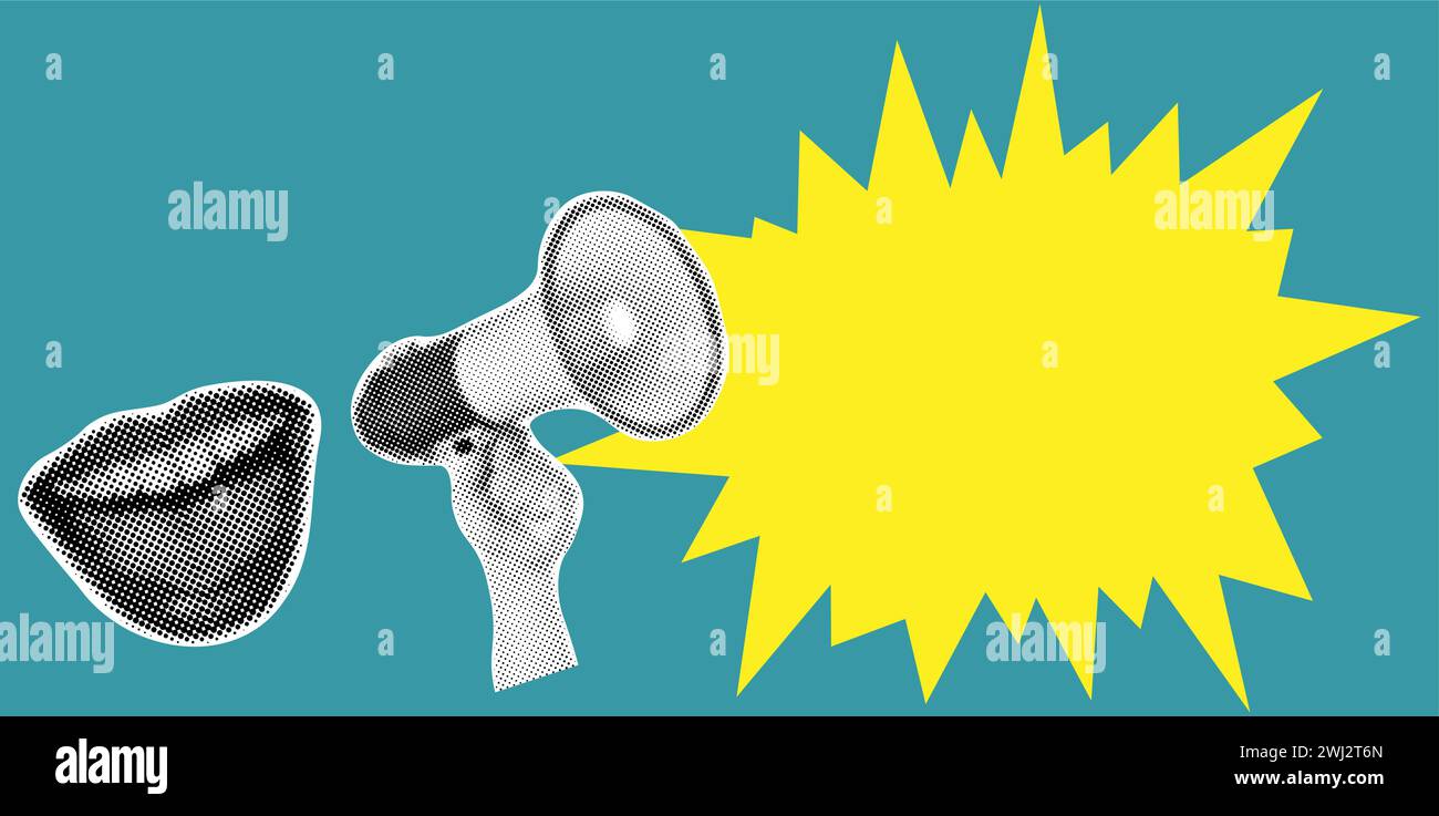 Female mouth shouting with megaphone announcing crazy promotions ...