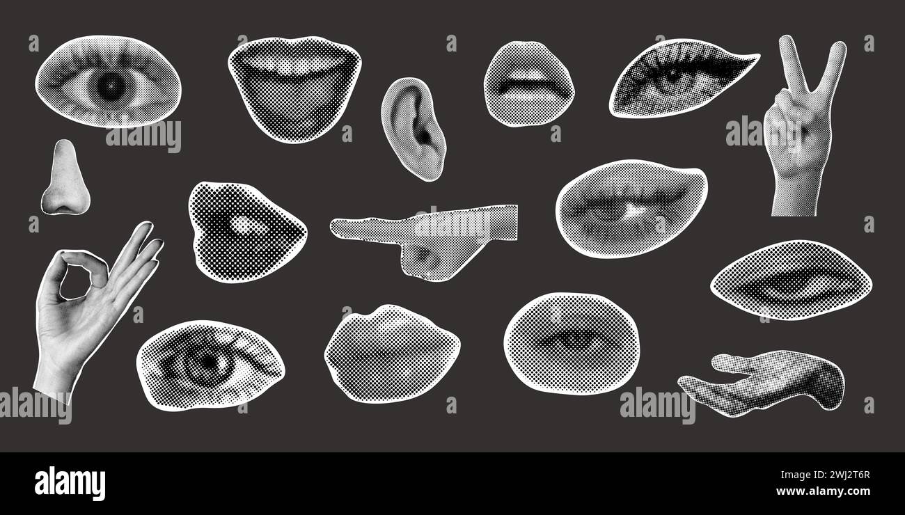 Set halftone collage design elements. Trendy magazine style. Retro ...