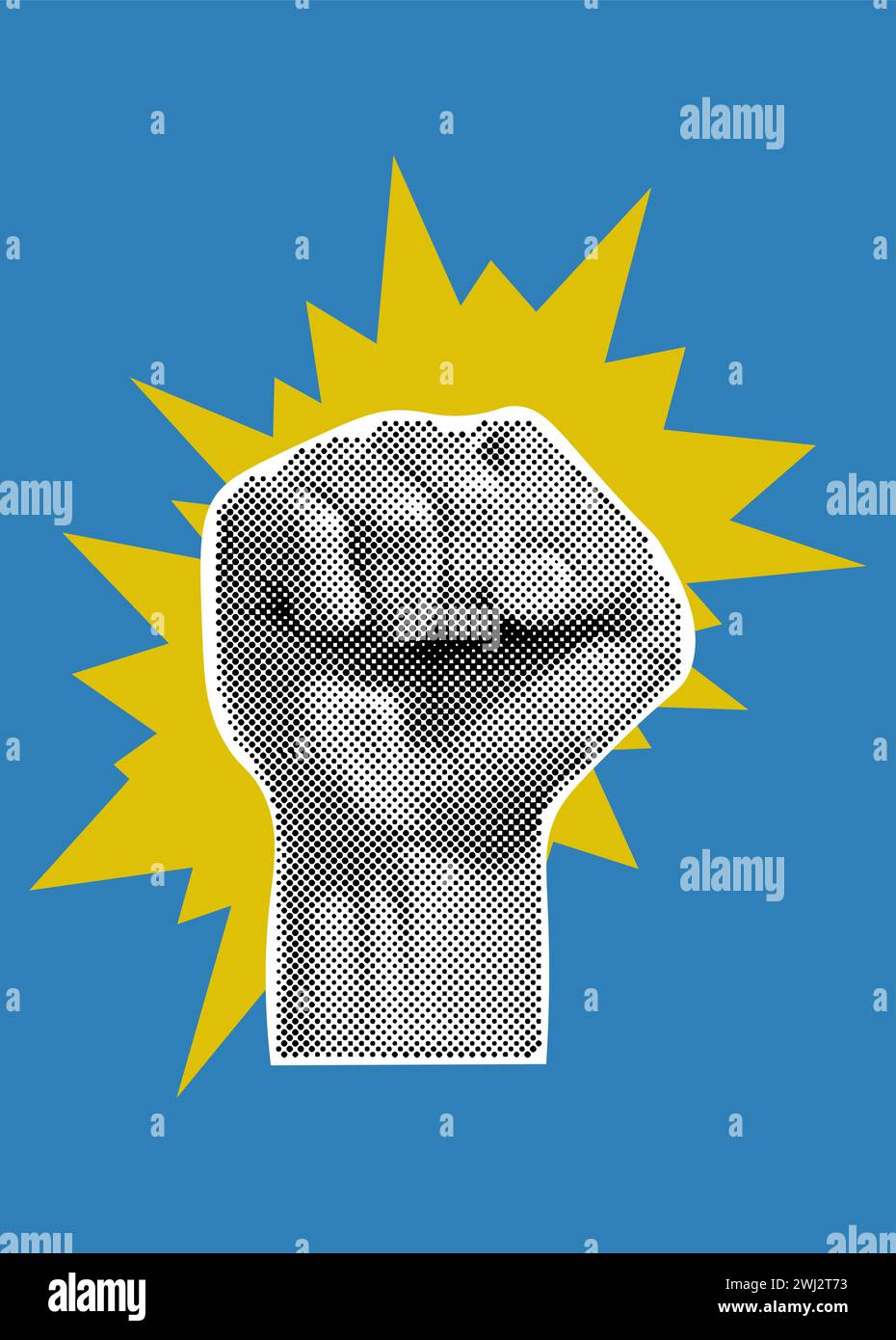 Protest concept. Halftone collage banner, raised fist on a blue ...