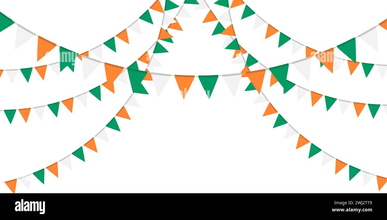 Green, white and orange flag garland. Triangle pennants chain. Party ...