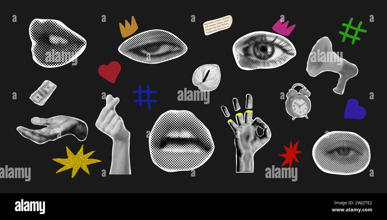 Set halftone collage design elements. Trendy magazine style. Retro ...