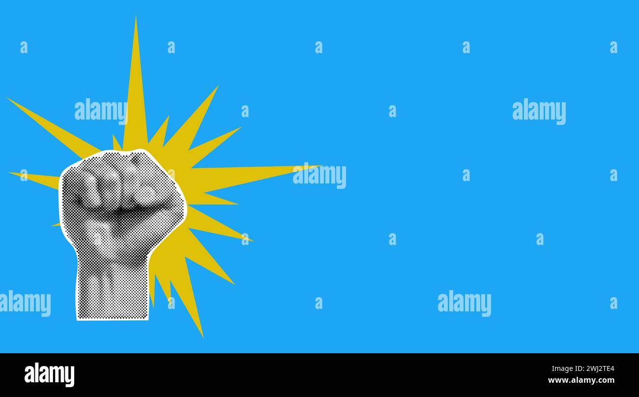 Protest concept. Halftone collage banner, raised fist on a blue ...