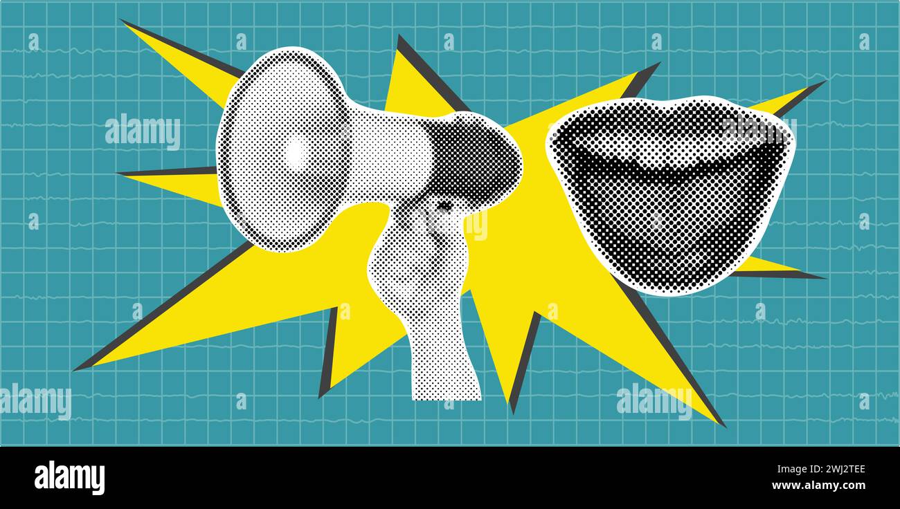 Female mouth shouting with megaphone announcing crazy promotions ...