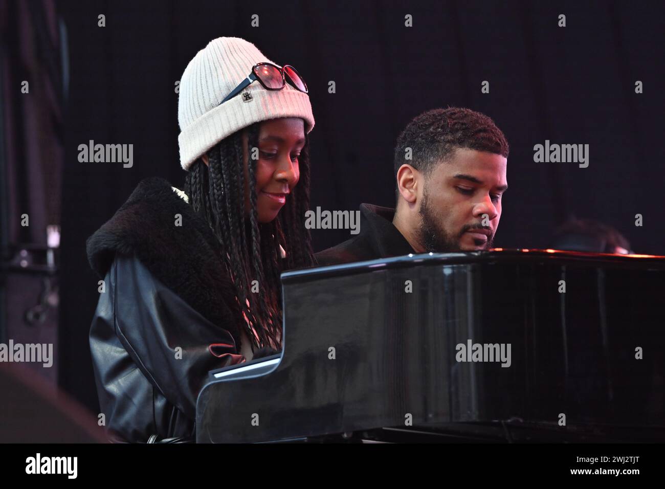 Trafalgar square, London, UK, 11 February 2024: Pianist Melissa Walker ...
