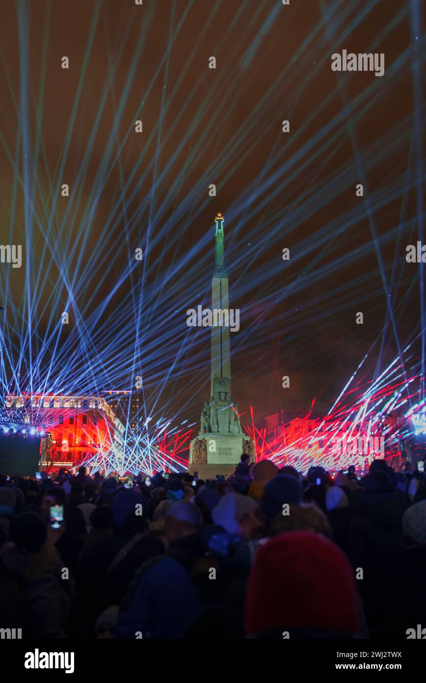 Freedom Monument Illuminated for Latvia's Independence Day in Riga ...