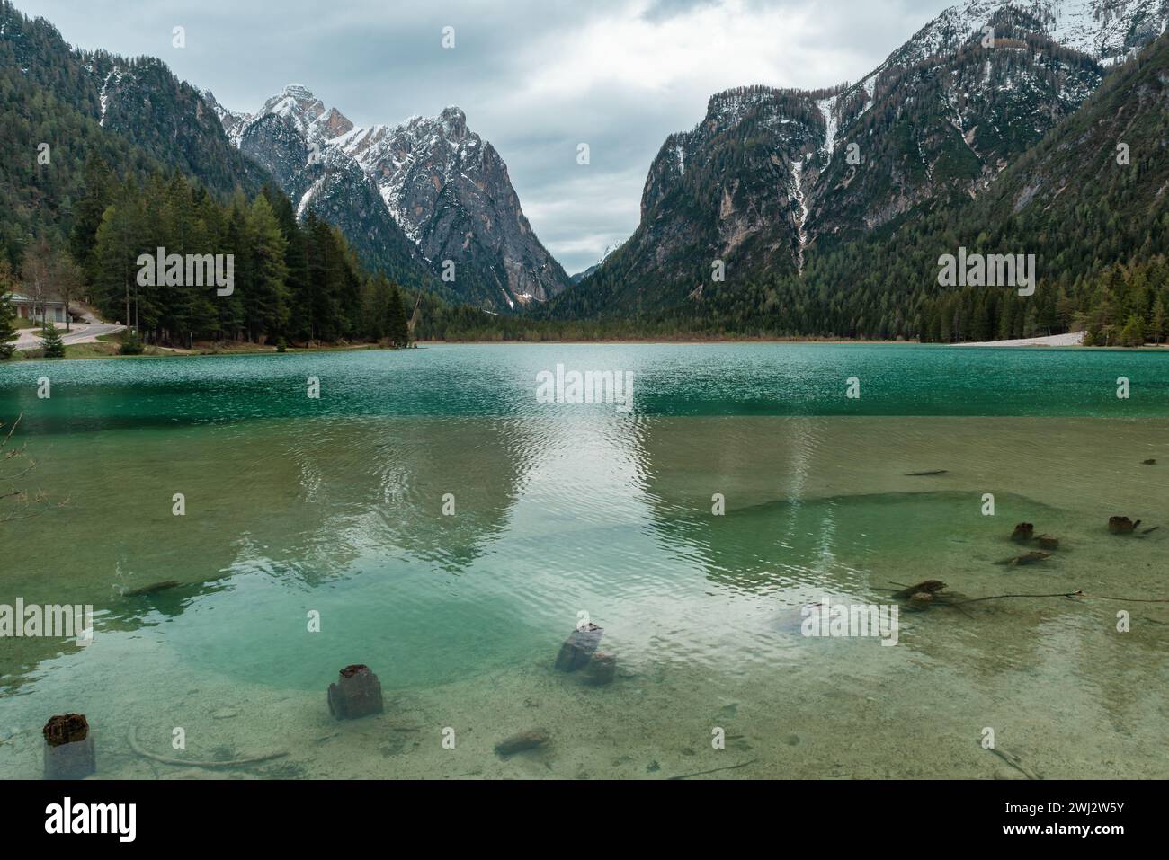 Alpine lake Lago di Dobbiaco in Dolomites mountains, Cortina dAmpezzo ...