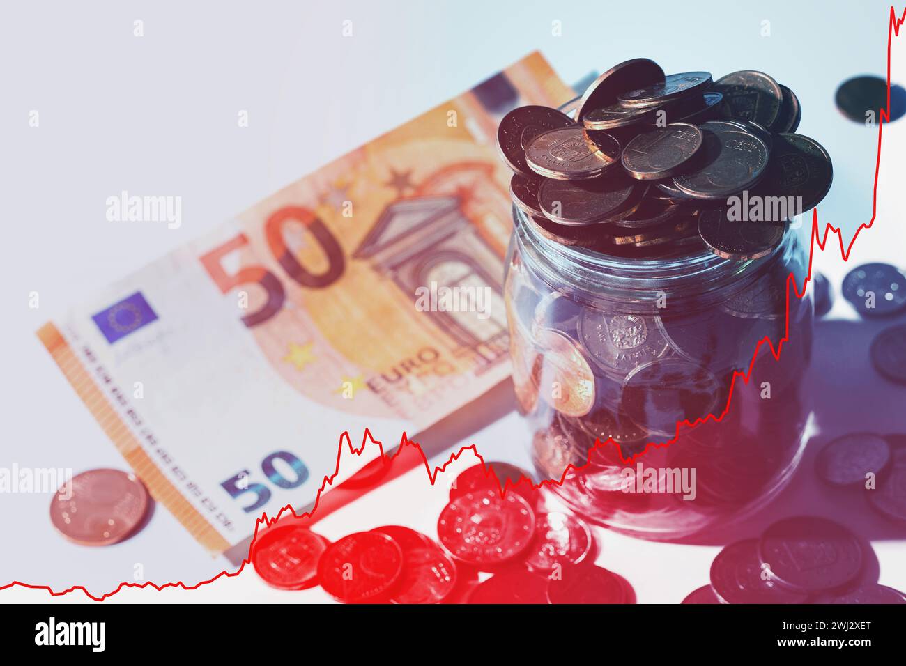 Glass jar full of shiny euro coins and rising sparkline chart Stock ...