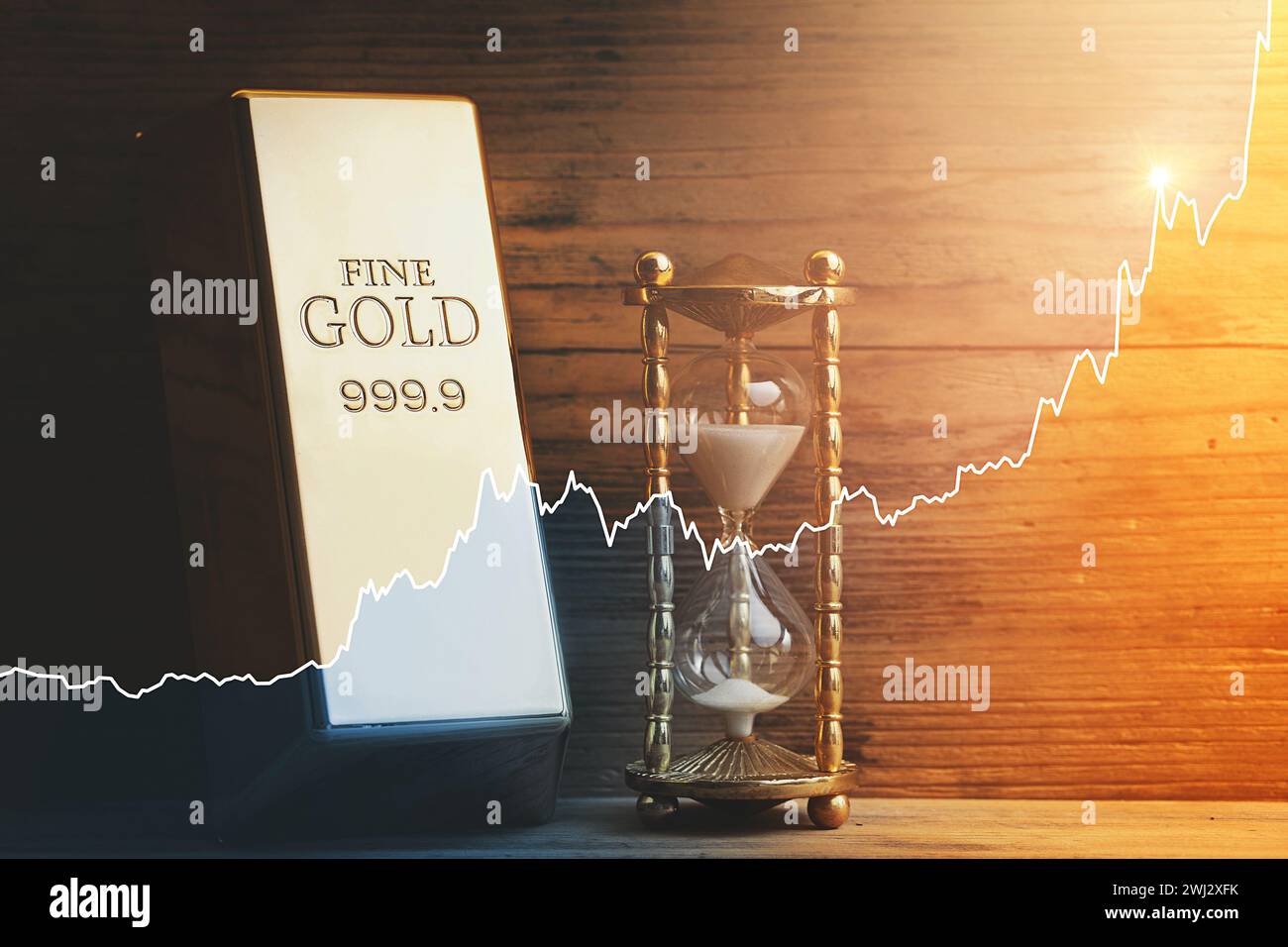 Hourglass, gold bar and rising chart. Time for investment. Gold price ...