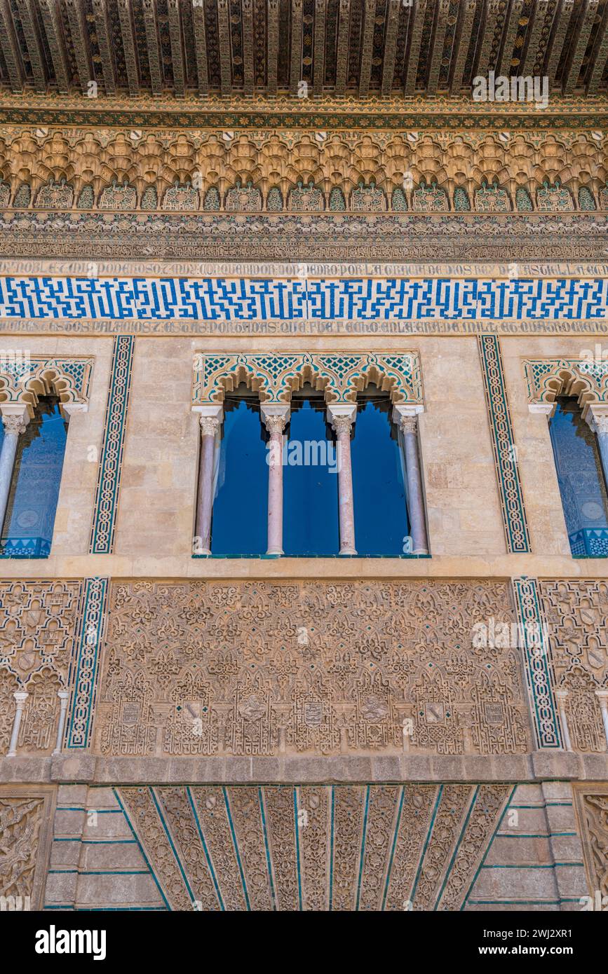Seville, Spain - June 15, 2023 : Arched windows, Ceiling ornaments and ...