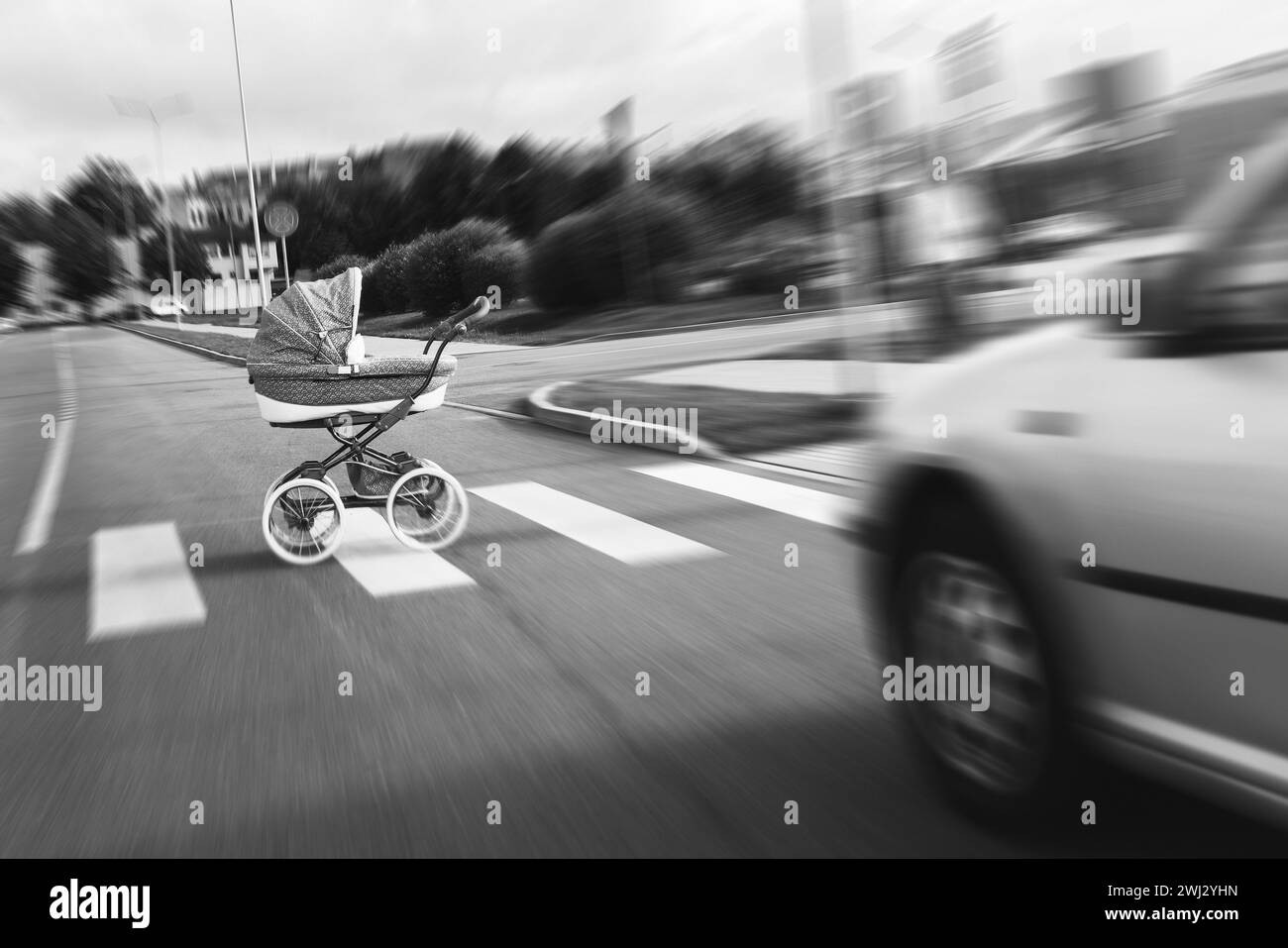 Car accident on the crosswalk. Vehicle hits the baby pram at high speed ...